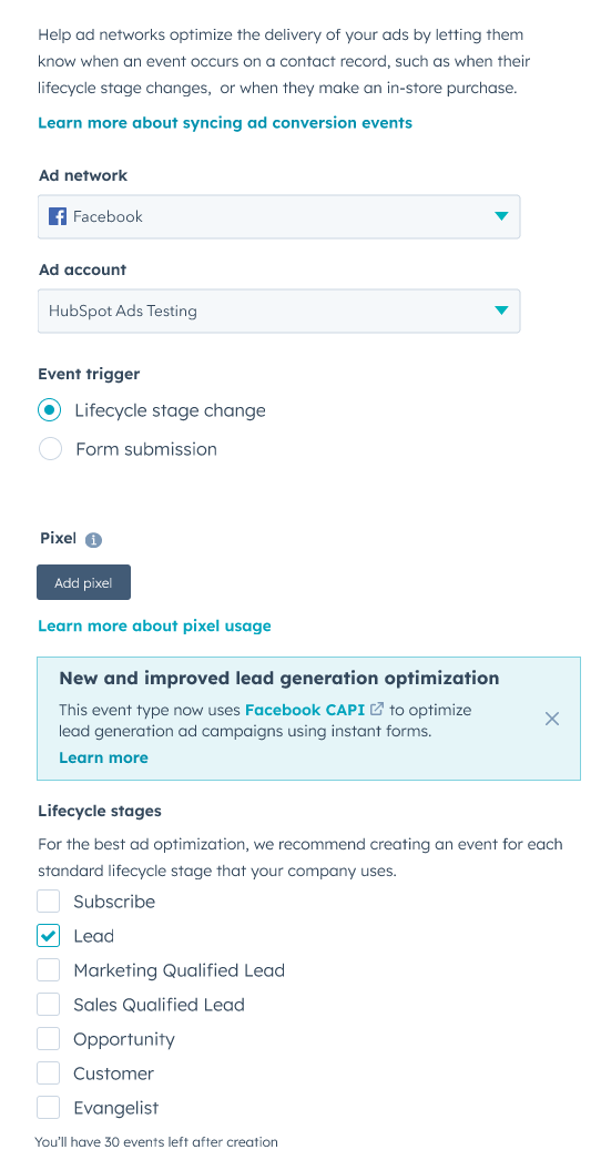 Create and sync ad conversion events with your Facebook Ads accounts using Facebook's Conversion API