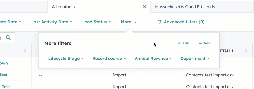 Customize index page quick filters
