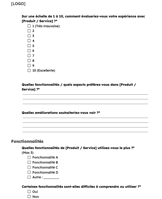 Questionnaire : modèle gratuit sous Word | Google Docs | Excel | Google ...