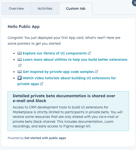 UI extensions for public apps quickstart | HubSpot